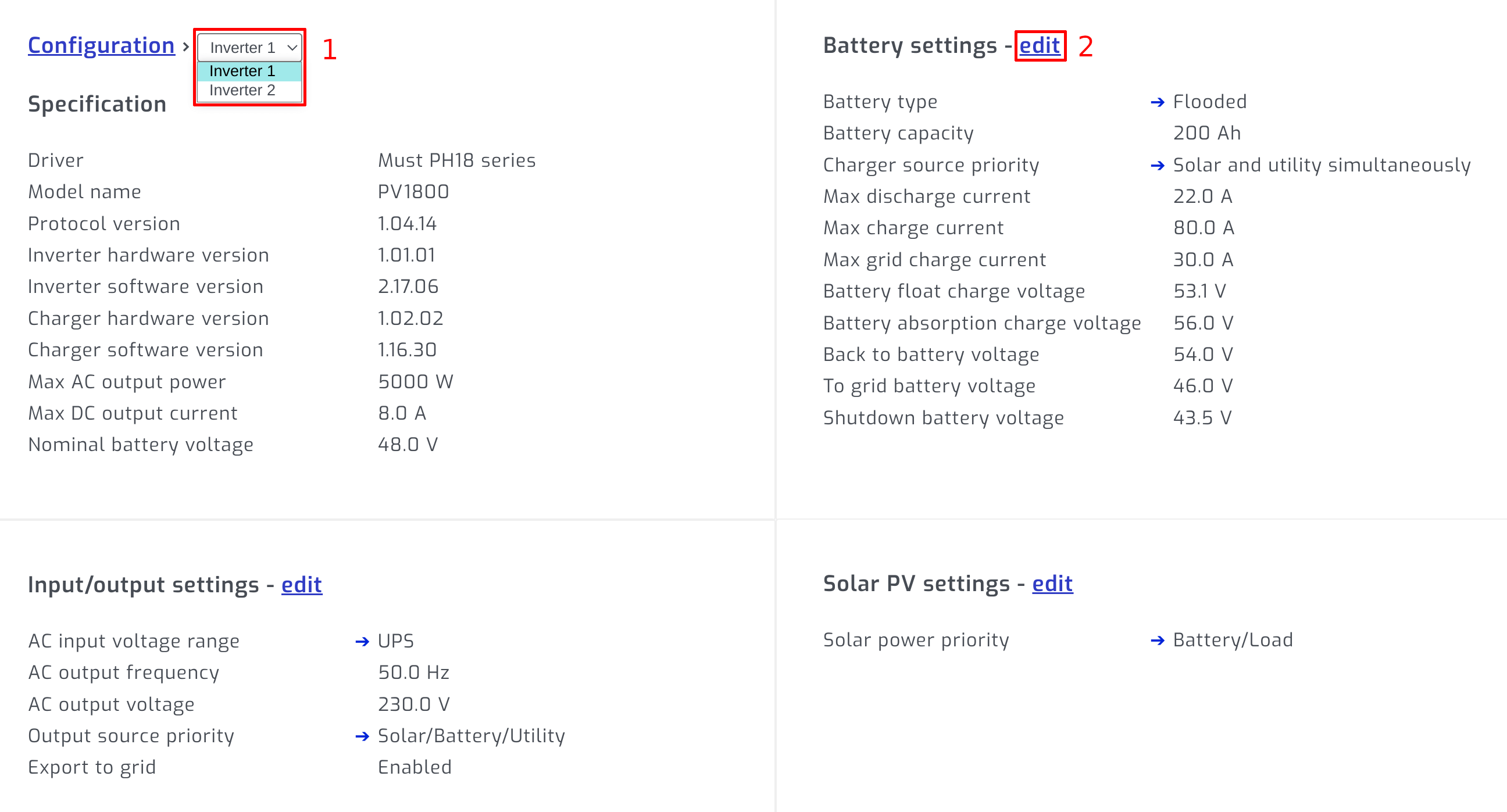 Adjust settings of Synerji SYSV Off-Grid
